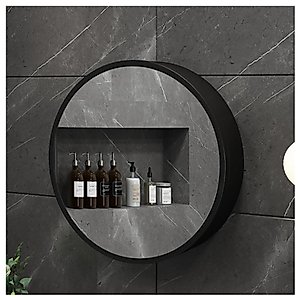 Round Wall Mounted Bathroom Storage Cabinet, Bathroom Medicine Cabinet with Mirror, with Mirror Door and Hide Shelves (Color : Black, Size : 70cm)