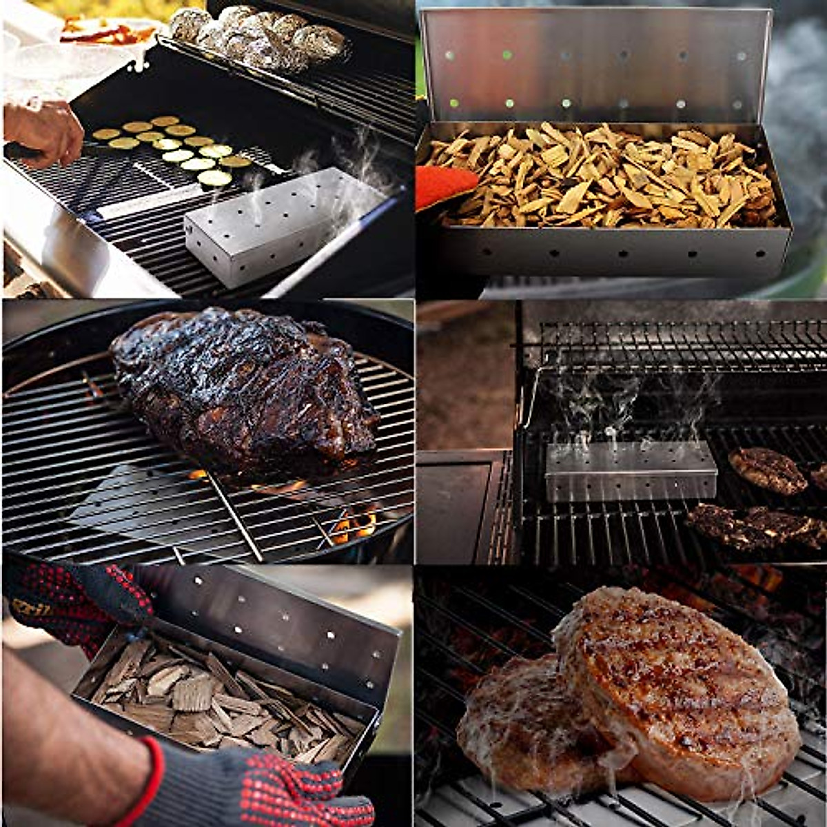 Pellet Grill Smoker Box for BBQ Heavy Duty Sturdy Stainless Steel for Charcoal & Gas Grilling Accessories Wood Chips Meat/Salmon in Barbecue (Round Hole)