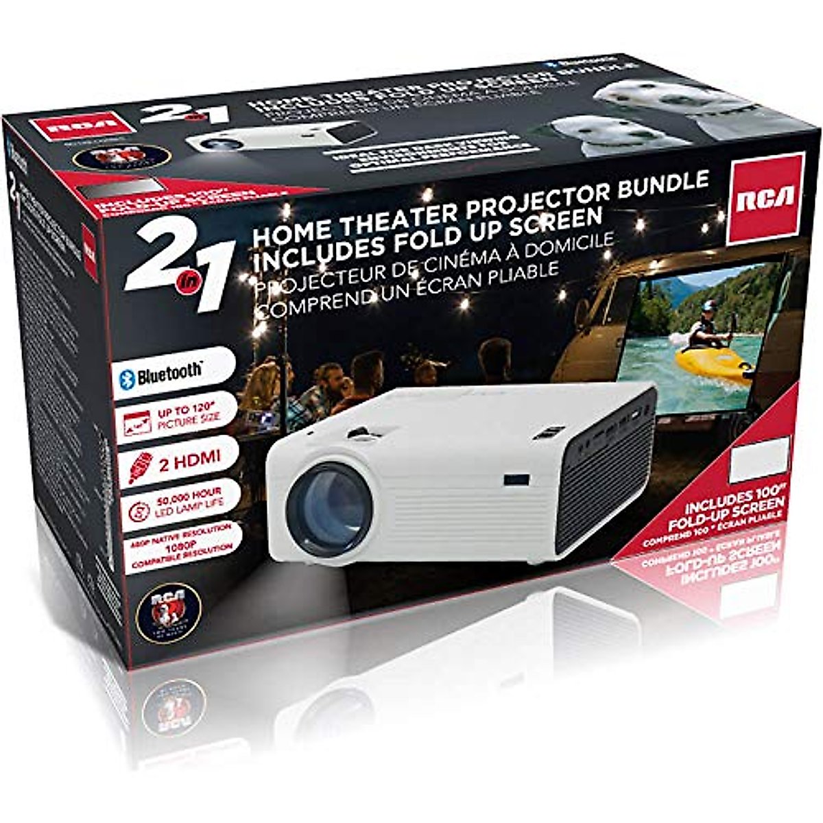 RCA RPJ199COMBO / RPJ199COMBO / RPJ199COMBO Bluetooth Theater Projector Bundle with Fold Up Screen
