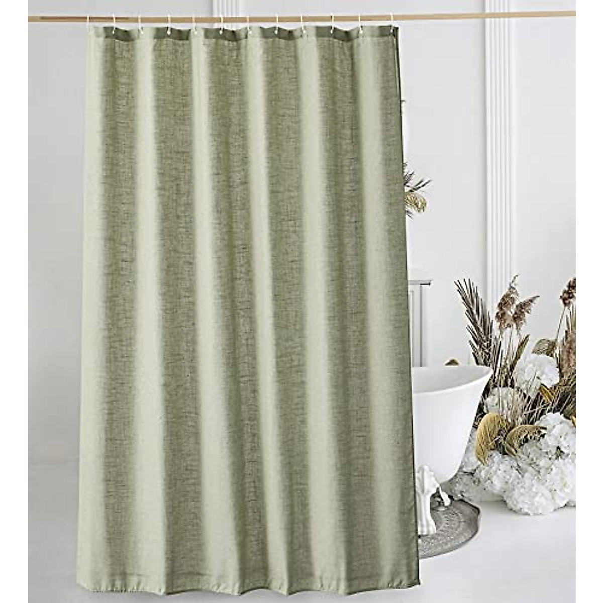 Estmy Sage Green Linen Bathroom Shower Curtain and Fabric Shower Liner Set 2 in 1 Extra Long 72x84, Flax Linen Textured Modern Farmhouse Boho Chic Cute Shower Curtain Set Bathroom Decor