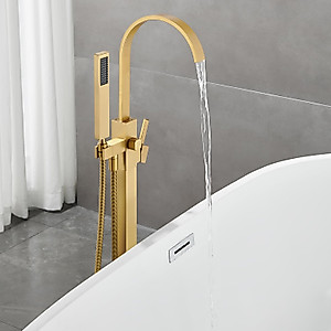 Artiqua Freestanding Bathtub Faucet Floor Mount Tub Filler Brushed Gold Brass Bathroom Faucets Single Handle with Hand Shower