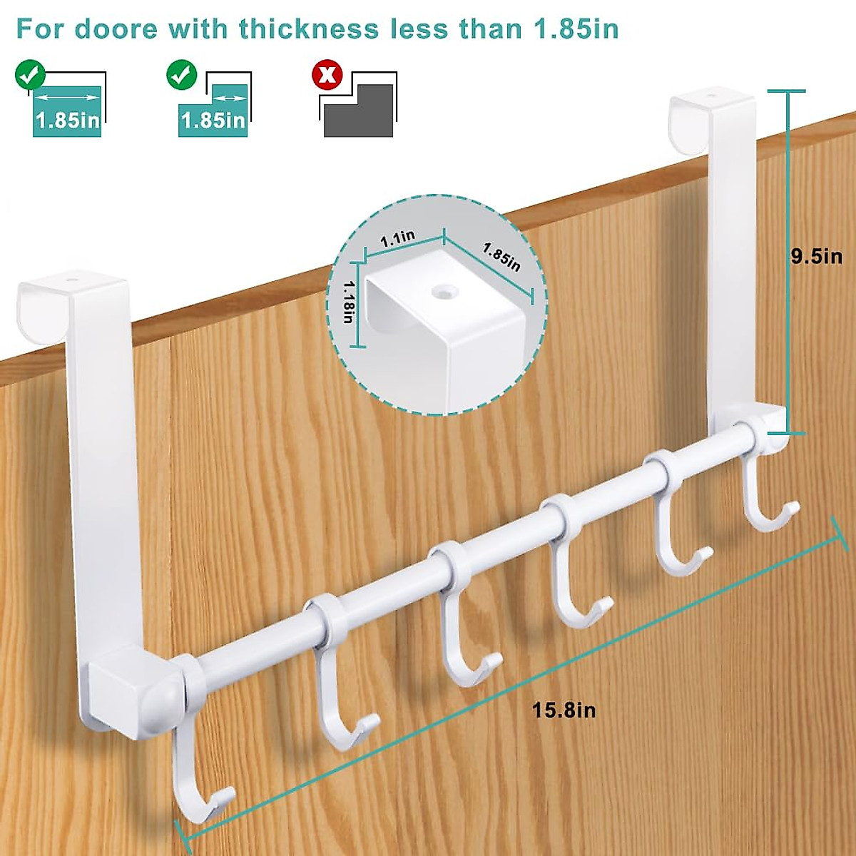 MGahyi Over The Door Hooks Hanger, Moving 6-Hooks,Over Door Towel Rack,Door Coat Hanger, Upgraded Long Arms for Bathroom Accessories (White)