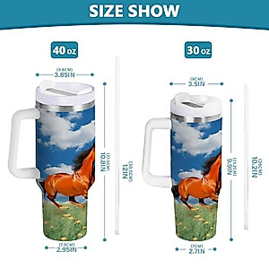 Jihqo Running Field Horses 40 oz Stainless Steel Vacuum Insulated Tumbler with Handle and Straw Lid, Leakproof Water Bottle Double Wall Travel Mug Coffee Cup, Cupholder Friendly