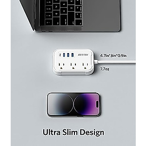 BESTEK Travel Power Strip, Cruise Ship Essentitals with USB C,Flat Plug Extension Cord with 3 Outlets 4 USB Ports(1 PD20W),5 ft Desk Wall Outlets Extender,Non Surge Protector for Cruise