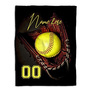OhaPrints Custom Softball Glove Ball for Player Fan Idea Personalized Name Number Soft Sherpa Throw Blankets Cozy Fuzzy Fleece Throws for Tv Sofa Couch Comfy Fluffy Blanket 30X40 50X60 60X80