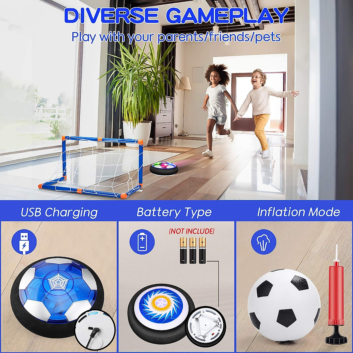OASO Kids Toys Hover Hockey Soccer Ball Set with 3 Goals, Rechargeable Floating Air Soccer Ball with Led Light and Foam Bumper, Indoor Outdoor Sports Games Toys Gifts for Boys Girls Aged 3 4 5 6-12