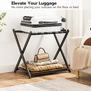 HOOBRO Folding Luggage Rack, Suitcase Stand Holder with Wooden Storage Shelf, Holds up to 110 lb, 27.2 x 15.7 x 24 Inches, for Guest Room, Bedroom, Closet, Hotel, Rustic Brown and Black BF68XL01G1