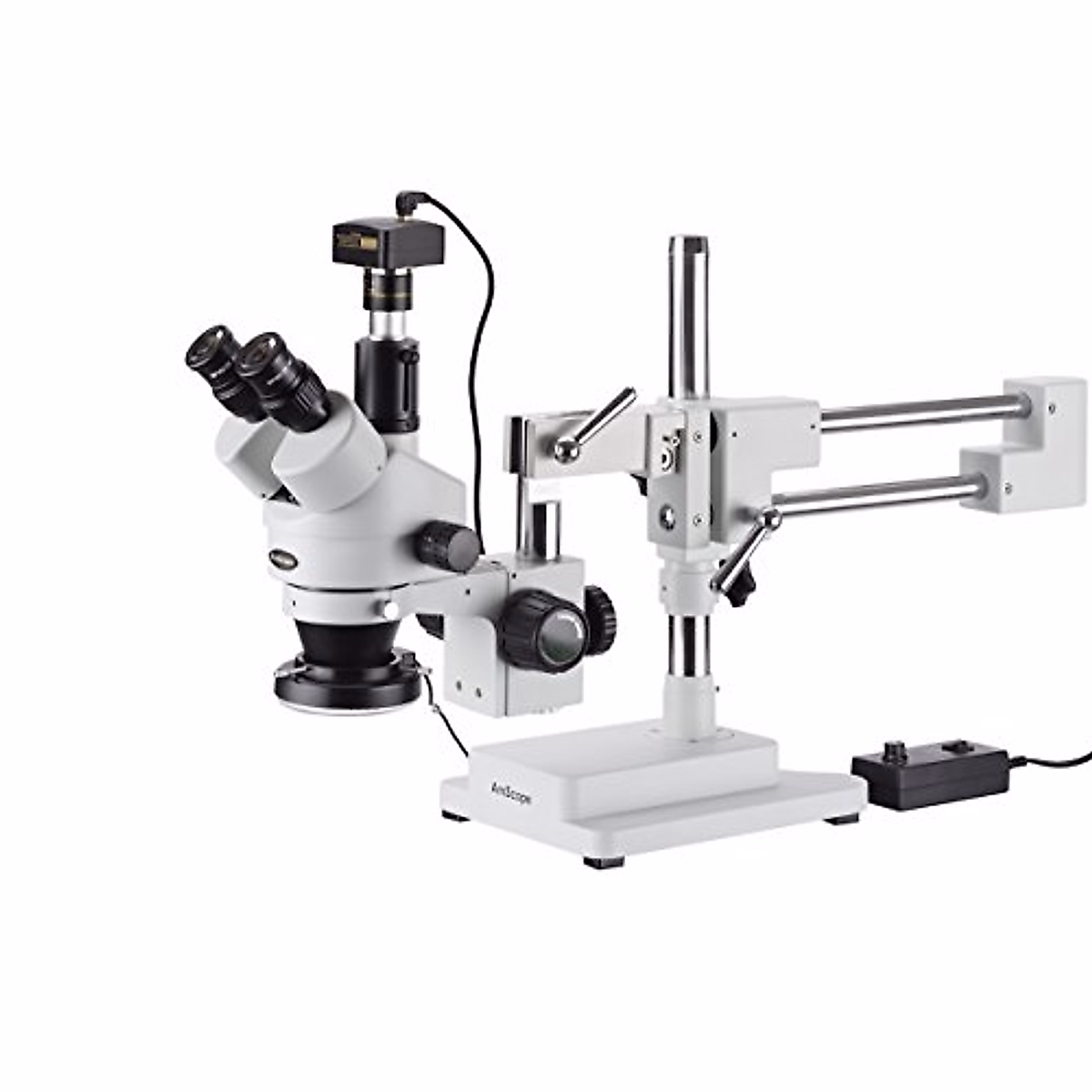 AmScope 7X-45X Simul-Focal Stereo Zoom Microscope on Dual Arm Boom Stand with 144-LED Ring Light and 10MP Camera