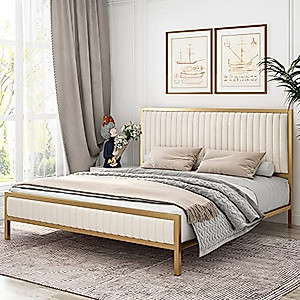 HIFIT King Size Bed Frame, King Bed Frame and Headboard, Heavy Duty Metal Foundation, Upholstered Bed Frame with Velvet Tufted Headboard, Wood Slats Support, No Box Spring Needed, Gold and Ivory White