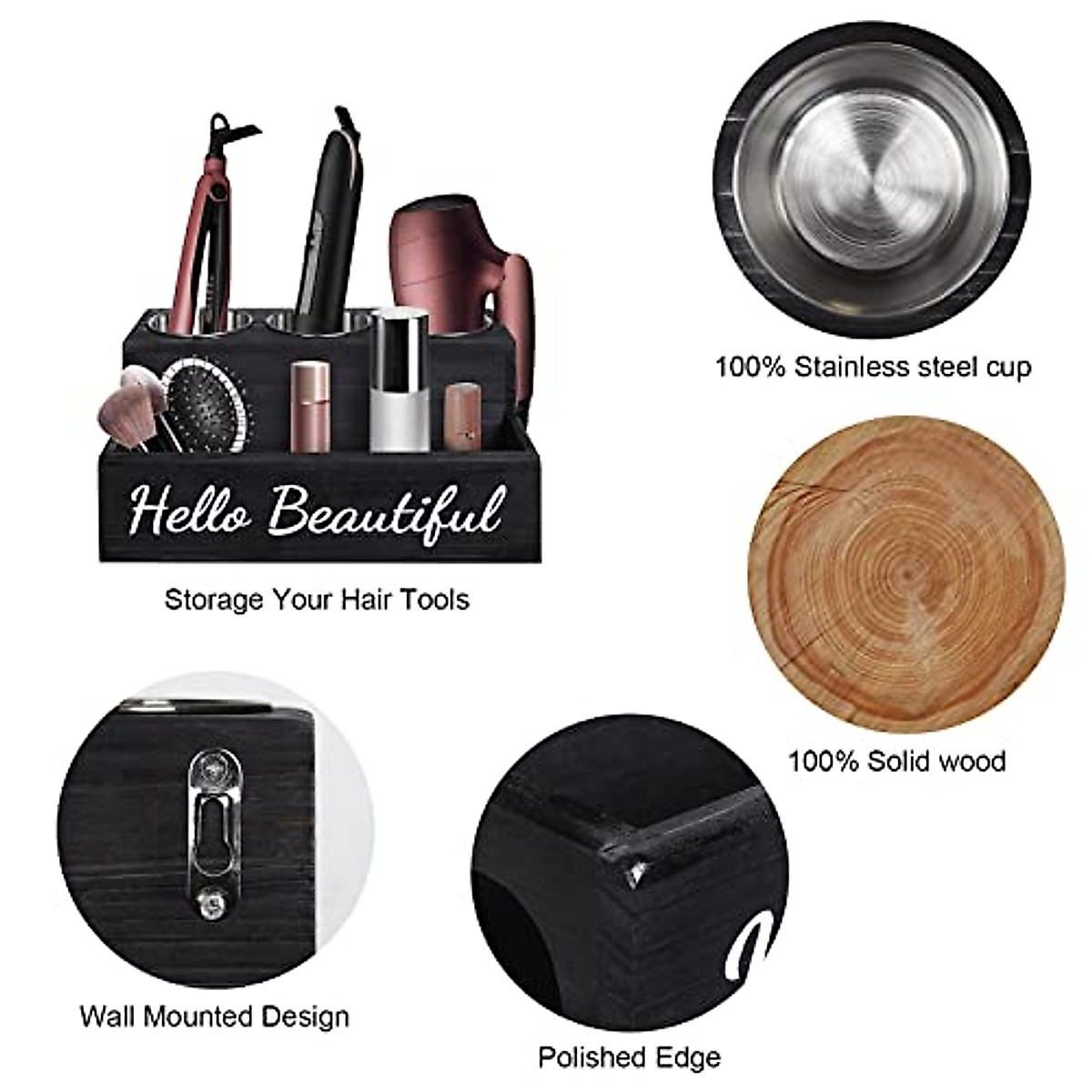 DB Rustic Black Hair Dryer Holder, Wooden Hair Tool Organizer, Bathroom Supplies Countertop Storage and Vanity Caddy for Blow Dryer Curling Iron Holder Hair Straightener Brush Hair Styling Accessories