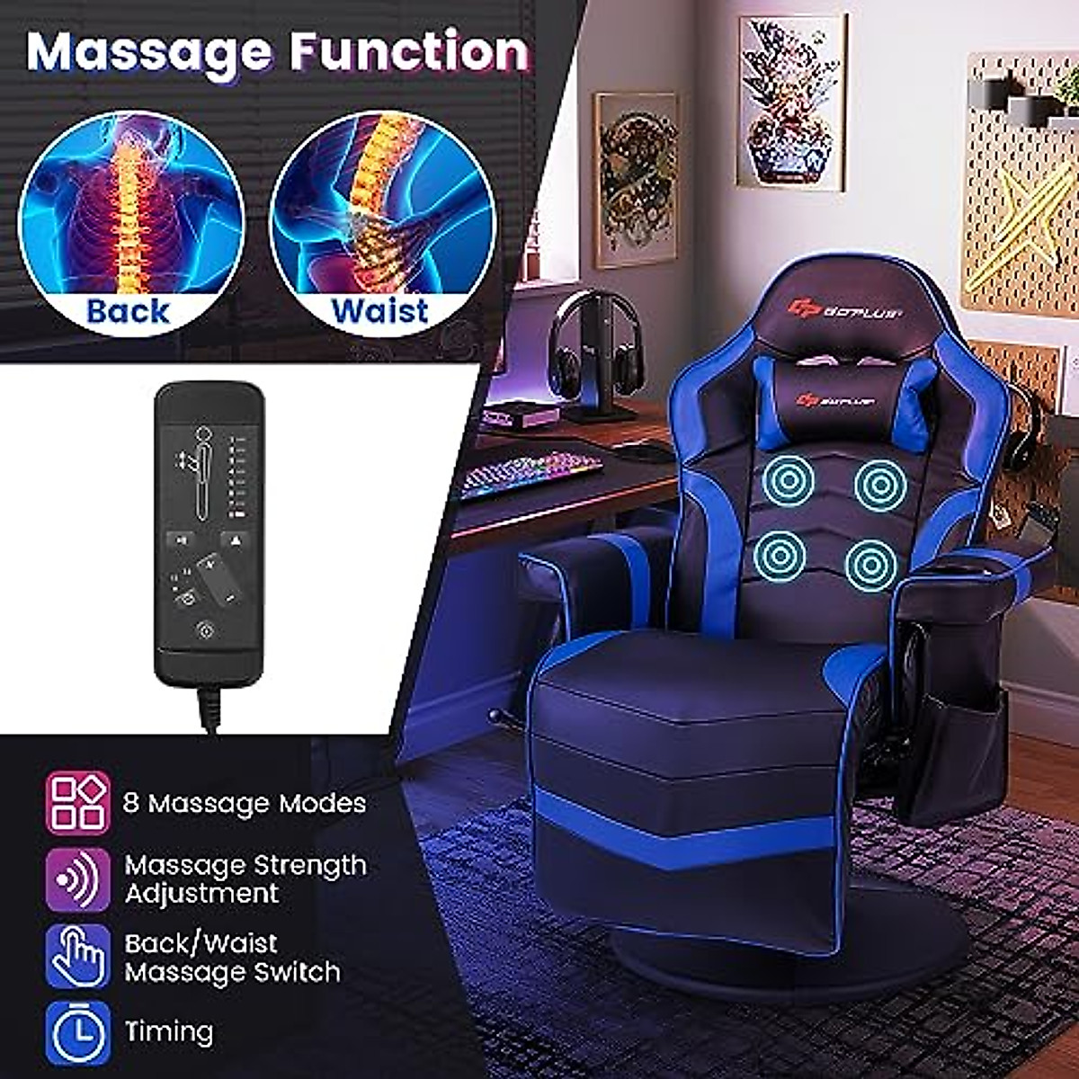 POWERSTONE Gaming Recliner, Adjustable Massage Gaming Chair with Cup Holder Footrest Ergonomic Single Sofa Living Room Home Theater Seating with Side Pouch (Blue)