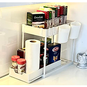2 Tier Storage Organizer Multi-purpose Under Cabinet Bathroom Under Sink Organizers and Storage White Under Sink Storage for Bathroom Kitchen