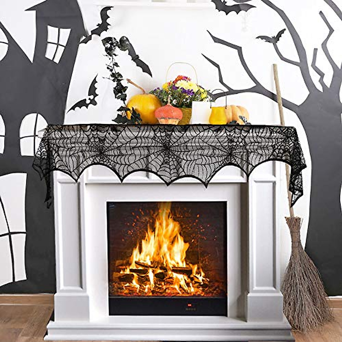 3AB Halloween Fireplace Decoration, Black Lace Spiderweb Fireplace Mantle Scarf, 18 x 96 inch Cobweb Fireplace Scarf for Halloween Party Decorations