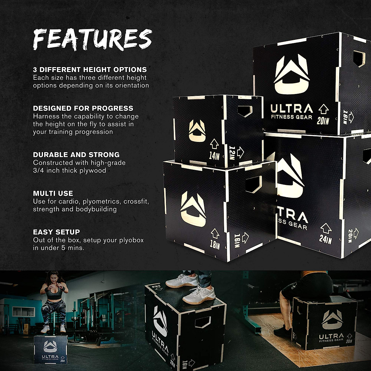 Ultra Fitness Gear Plyo Box - Anti-Slip Wood 3-in-1 Plyometric Jump Box for Training - Squat, Step Up, Box Jumps & More - Workout Box Size 16/14/12 (Small) - Home Gym Exercise Equipment