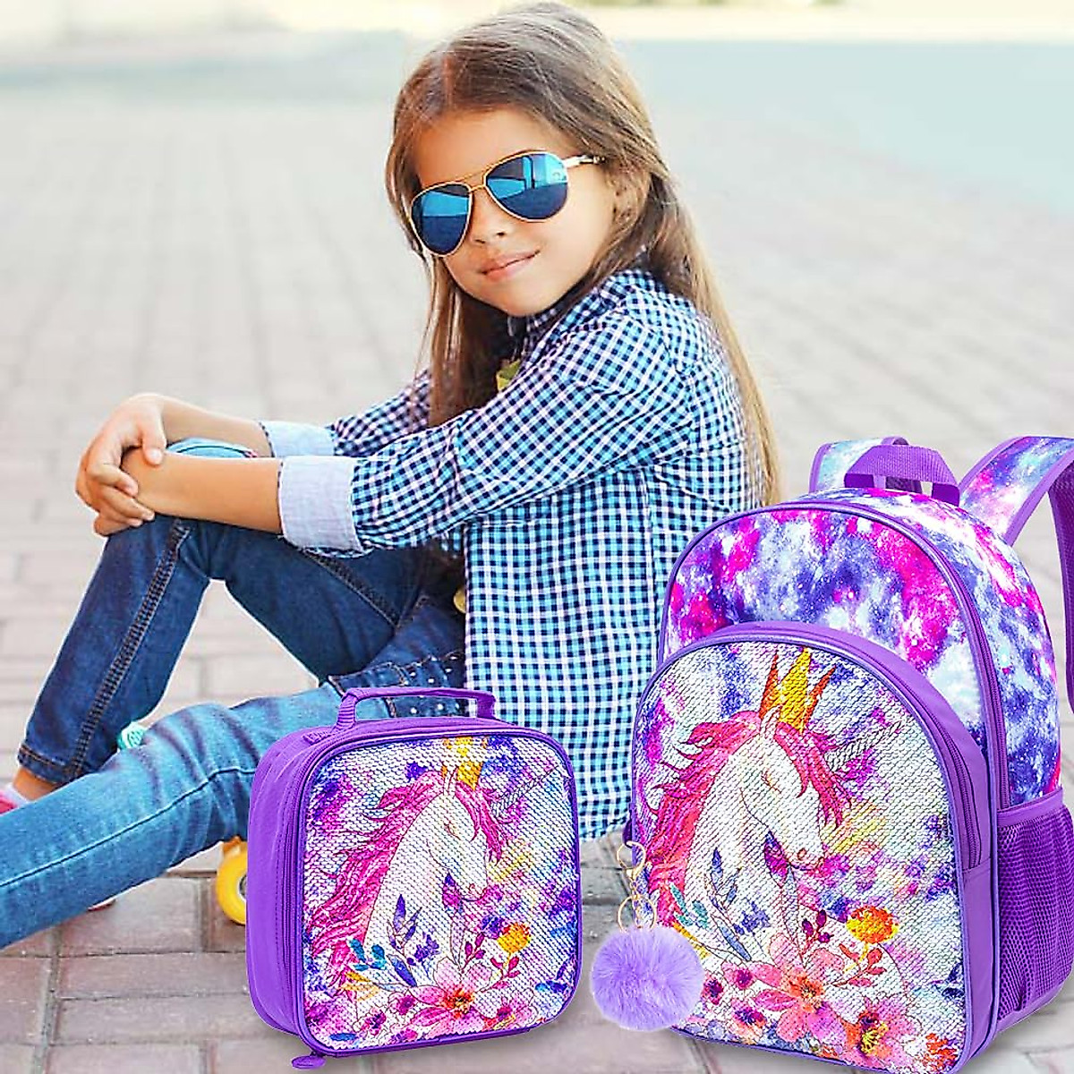 CCJPX 3PCS Girls Backpack, 16” Kids Unicorn Sequin Bookbag and Lunch Box for Kindergarten Elementary