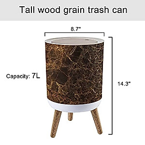 Small Trash Can Textured Dark Brown Marble Stone with White Spots Recycle Bins with Press Top Lid Dog Proof Wastebasket for Kitchen Bathroom Bedroom Office 7L/1.8 Gallon