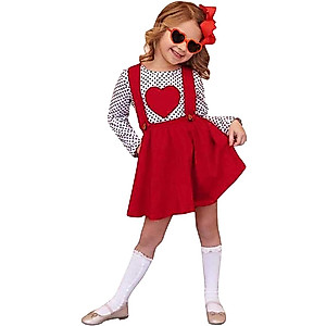 YOUNGER TREE Toddler Baby Girl Valentine's Day Outfit Long Sleeve Dot Heart Shirt Top+Suspender Strap Red Skirts Set(6M-5T) (Red, 3-4 y)