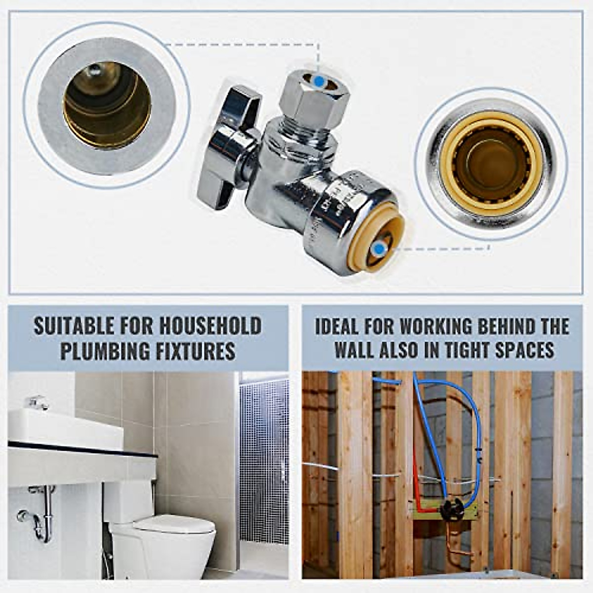 Angle Stop Valve, 12-Pack SUNGATOR Angle Water Shut Off Valve 1/2 x 3/8 Inch Compression, Toilet Water Valve, 1/4 Turn, No Lead Brass Push to Connect Plumbing Fitting, Pushfit, PEX Pipe, Copper, CPVC
