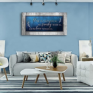 Christian Wall Art Decor Blue and Grey Canvas Prints Bless The Food Quote Wall Pictures Framed Artwork for Home Living Room Dining Room Kitchen Decorations
