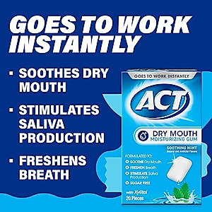 ACT Dry Mouth Moisturizing Gum, 20 Pieces, With Xylitol, Sugar Free Soothing Mint