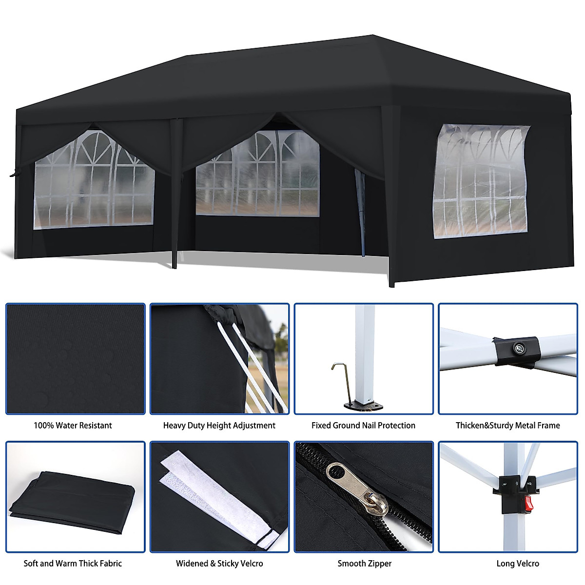FOOWIN Canopy 10'X20' Tent Pop-up Canopy Commercial Tent with 6 Removable Sidewalls Tents for Parties with 12pcs Stakes，6 pcs Ropes Outdoor Carport Canopy Shade for Patio/Outdoor (Black)