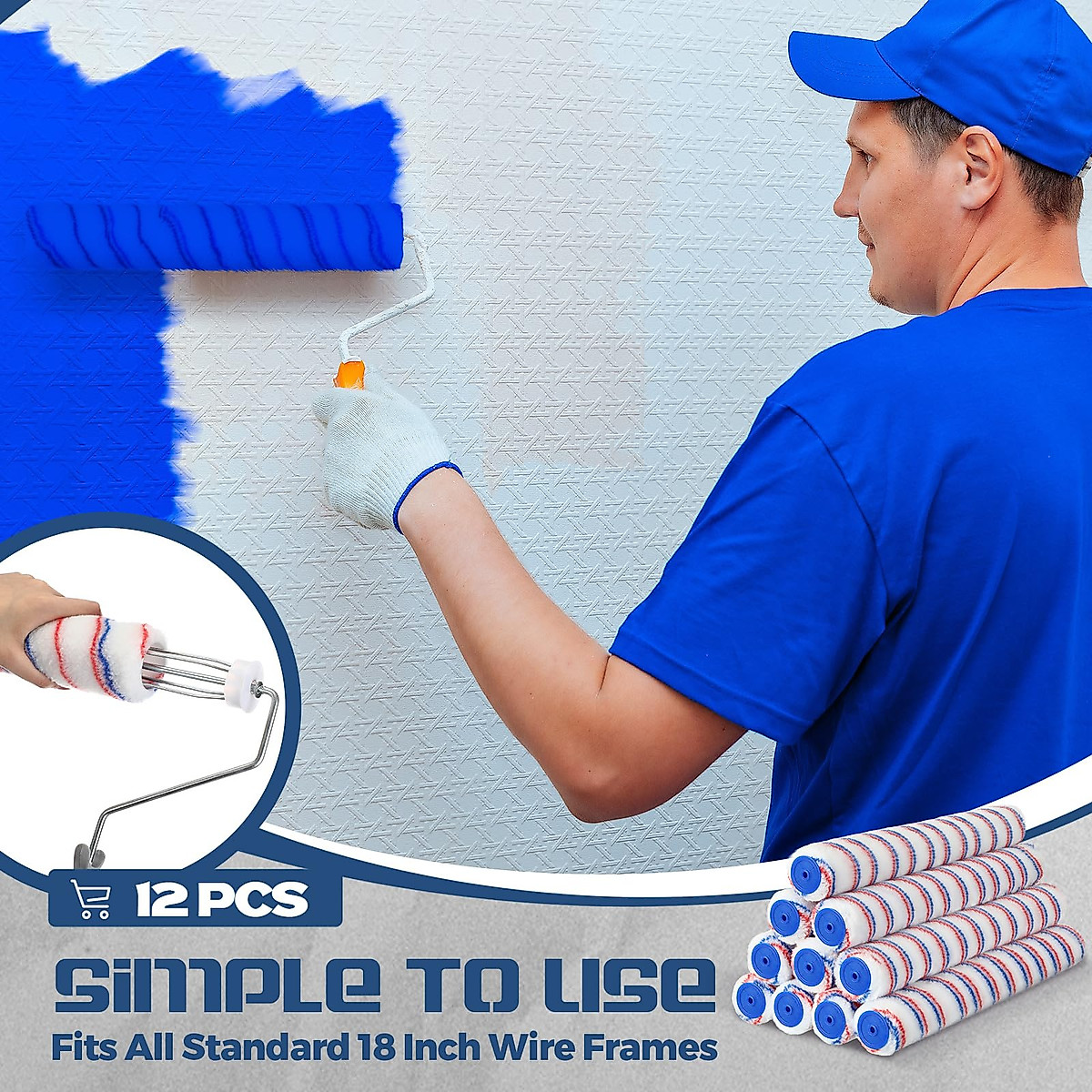 Leumoi 12 Pcs 18'' Paint Roller Covers Bulk Microfiber Refill Roller Cover with End Caps Painter Lint Free 18 Inch Paint Roller Kit Home Repair Tools for Most Types of Painting Surfaces (3/8" Nap)