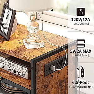 SOOWERY Nightstand with Charging Station, Bedside Tables with 3 Tiers Storage Space and Door, End Tables with USB Ports and Outlets for Bedroom, Living Room, Brown