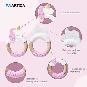 Silicone and Wood Teether Ring in Organic & Natural 100% Food Grade Silicone & Beech Wood, Unicorn Teething Toy (Pink-1pack)