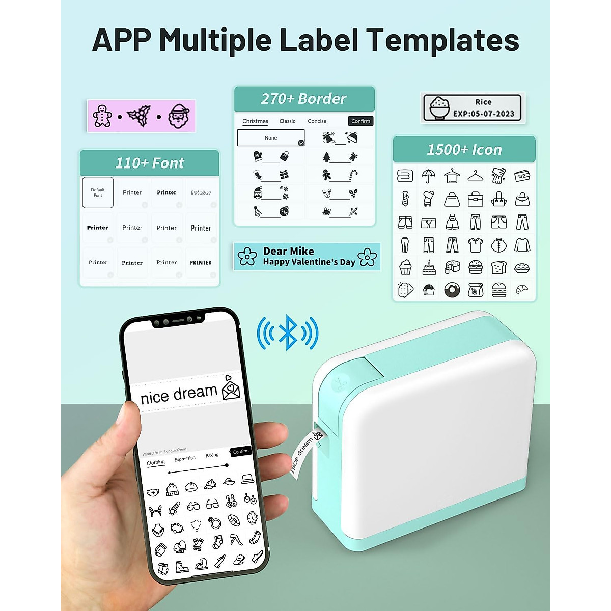 Vixic Bluetooth Label Maker, P3200 Portable Label Print, Multiple Templates Compatible Android iOS to Use Home Office Organization Type-C Rechargeable Label Maker, White-Green