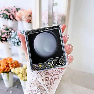 Abbery for Samsung Z Flip 5 5G Case Space Theme Clear with Design Bling Glitter Sparkly Stars and Moon Planet Durable Shockproof Transparent Universe Phone Protective Cover Women Girls Z5 Flip