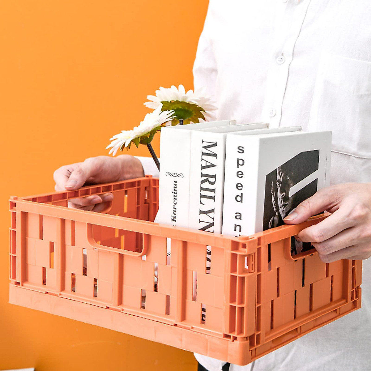 Klyuqoz Pastel Crates, 4 Pack Storage Crates Plastic Stackable, Medium Size(9.6 x 7.3 x 3.5 in), Desktop Storage Crates Folding for Home Office Bedroom.Blue, Yellow, Green, Orange