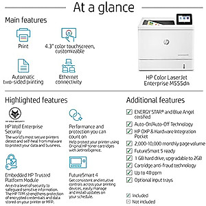 HP Color Laserjet Enterprise M555dn Single-Function Wired Ethernet Laser Printer, White - Print only - 4.3" Touchscreen Display, 40 ppm, 600 x 600 dpi, Auto Duplex Printing, USB, Cbmou Printer Cable