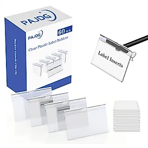 Storage Bin Labels Clip On,60PCS Clear Plastic Bin Labels Clips,Extra 80 Label Papers Included,Perfect for Wire Shelf,Baskets,Fabric Storage Cubes,Storage Closet,Cloth Bins,Food Pantry (6X4.2CM)