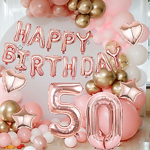 Rose Gold Happy Birthday Balloons Banner, 50th Birthday Decorations 16 Inch Mylar Foil Letters Sign Balloons Banner for Fifty Year Old Birthday Party Supplies (50th)