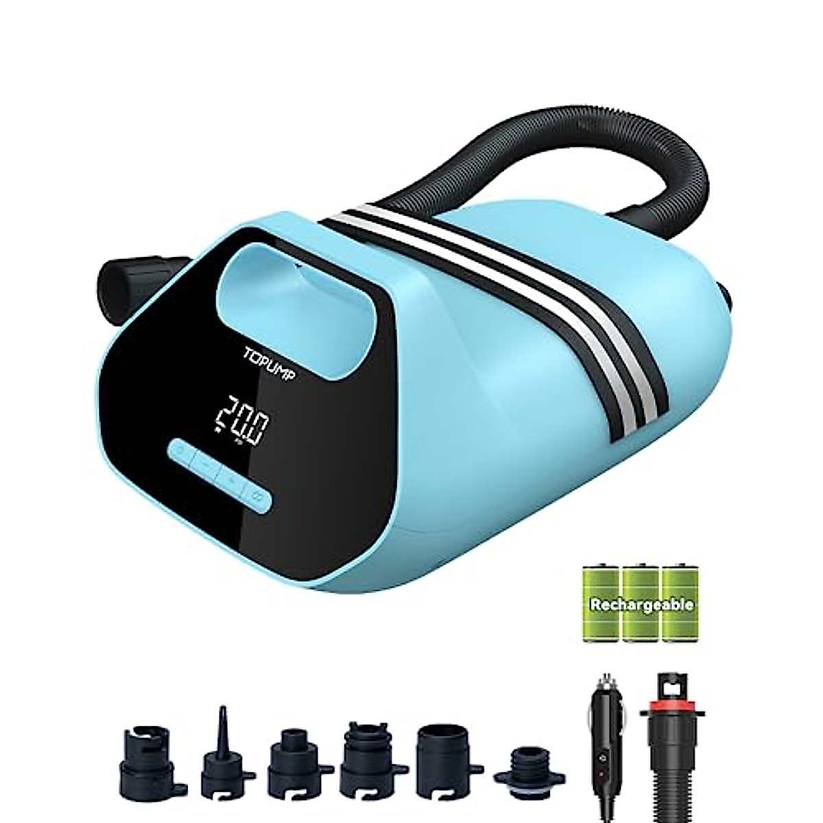 TOPUMP 7800mAh Rechargable SUP Air Pump TPS300,20PSI Electric Paddle Board Pump with Auto-Off Feature, Dual Stage Inflation & Deflation, AC/DC Battery for SUP, Inflatable Tent, Boat, Kayak