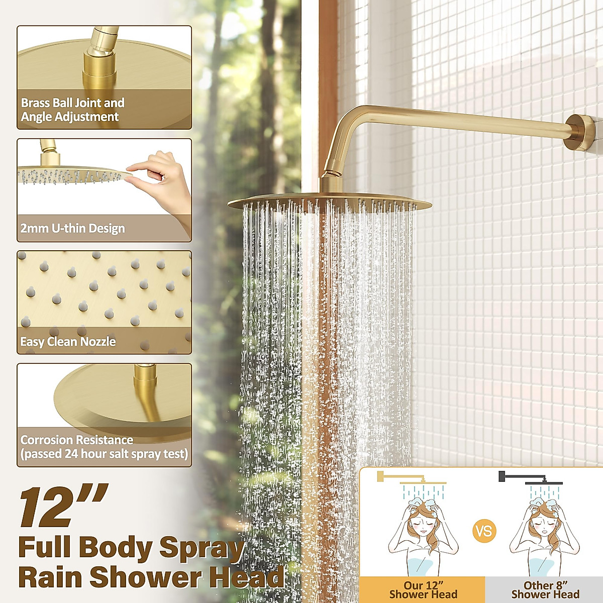 Gabrylly Shower System, Gold Shower Faucet Set with Pressure Balance Shower Valve, 12 Inch Gold Shower Heads with handheld Spray Combo, Wall Mounted Shower Fixtures, Brushed Gold