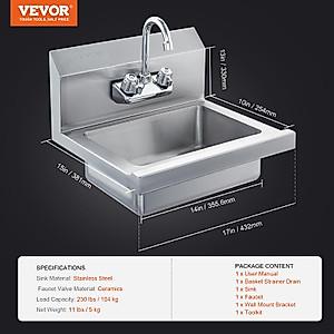 VEVOR Commercial Hand Sink with Faucet, NSF Stainless Steel Sink for Washing, Small Hand Washing Sink, Wall Mount Hand Basin, Utility Sink for Restaurant, Kitchen, Bar, Garage and Home, 17 x 15 inch