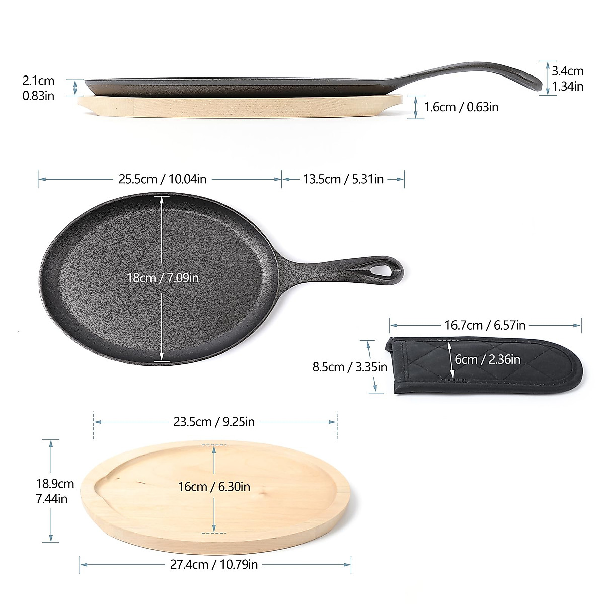 HAWOK Cast Iron Fajita Plate Sizzler Pan Set with Wooden Tray and Handle Holder, Pre-seasoned Cast Iron Skillet with Wooden Base and Handle Cover