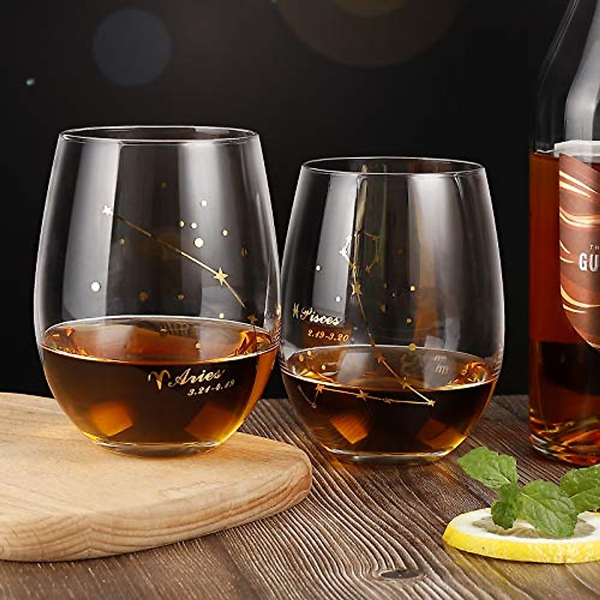 Pisces Wine Glass Pisces Gift 20oz Golden, Stemless Wine Glasses, Constellation Glass Define Design, Horoscope Gift, Astrology Gift for Women Men