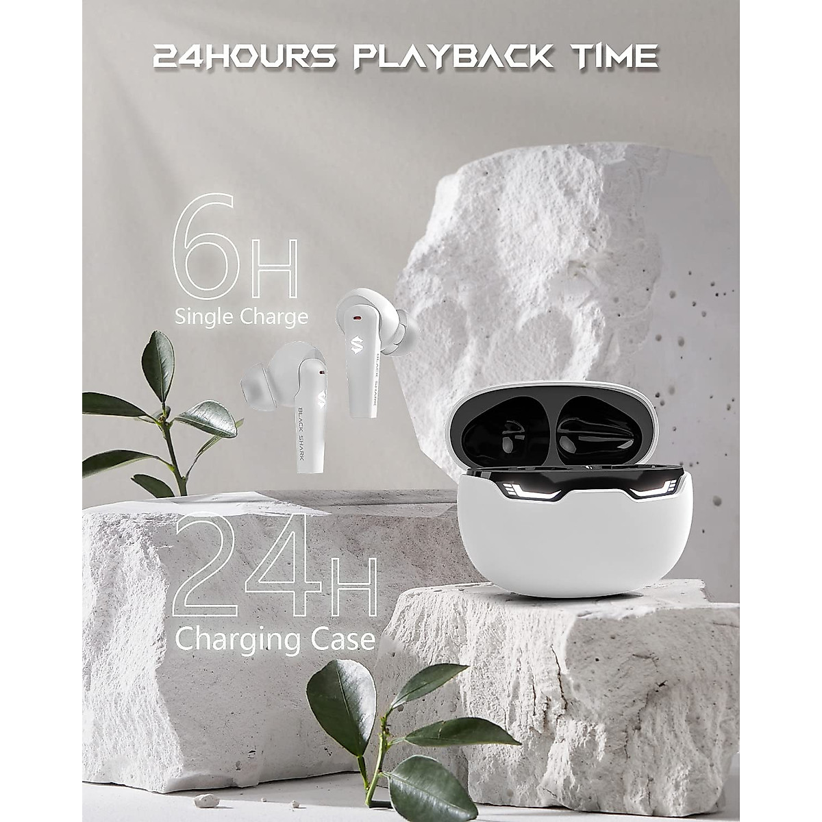 Black Shark Bluetooth Earbuds Wireless Earbuds with Emoji LED Light, Gaming Earbuds with 45ms Ultra Low Latency, Bluetooth 5.1, Music and Gaming Dual Modes, 24H Playtime, IPX5 Waterproof- White