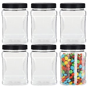 Lawei 6 Pack Clear Plastic Jars with Lids - 32 Oz Square Plastic Jars Containers with Easy Grip Handles Plastic Storage Jars for Dry Goods Cookies Candy and More