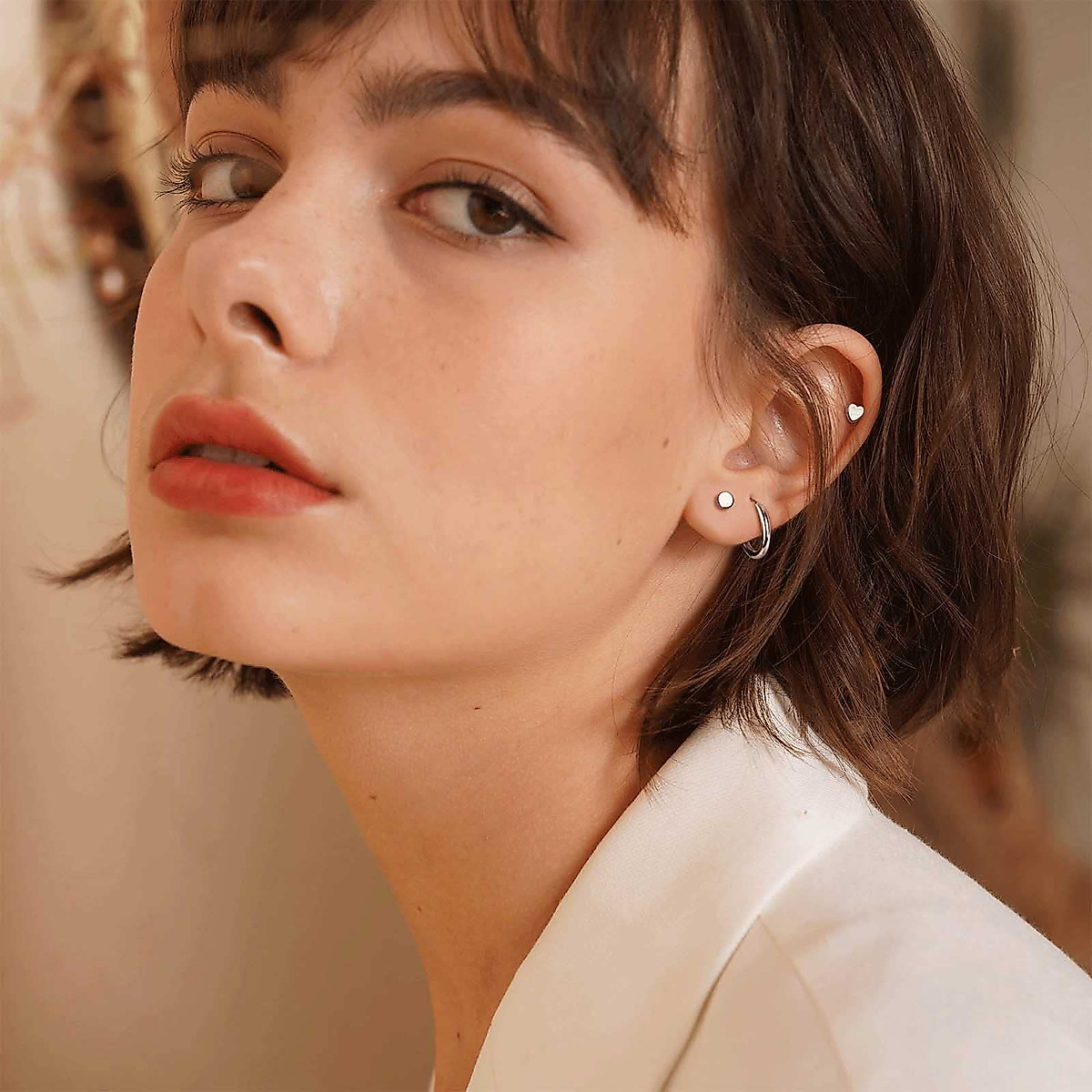 Jstyle 20G Stainless Steel Stud Earrings for Women Men Star Moon Heart CZ Flat Back Earrings Set Cartilage Earrings Hoop Small Flatback Earrings Stud Tragus Helix Daith Piercing Jewelry Silver Tone