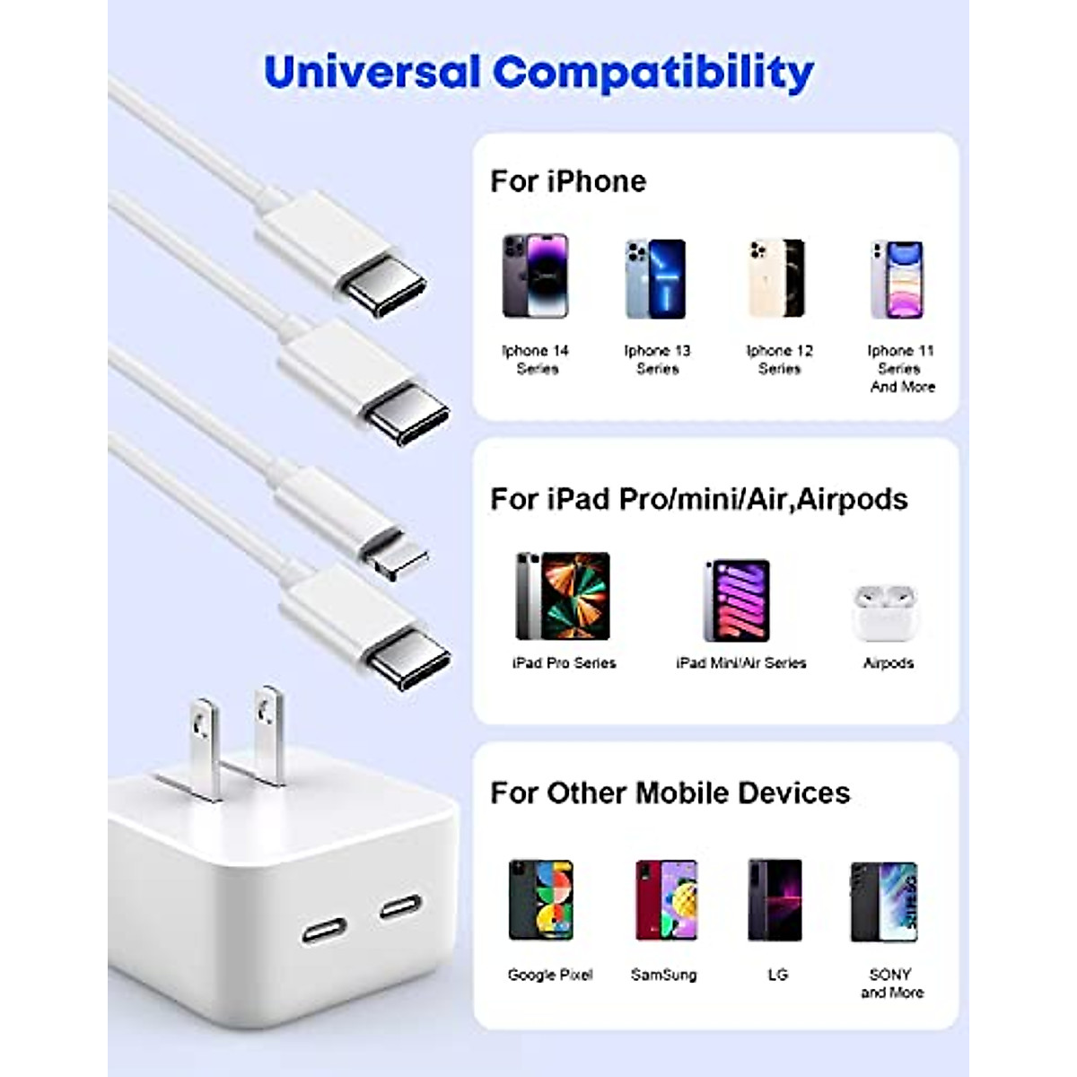 Apple USB C Charger, 40W Dual USB C Fast Wall Charger [MFi Certified] Super Quick Double Port iPhone Charger USB C Foldable Plug with USB C to Lightning Cable and USB C to USB C Cable for iPhone, iPad