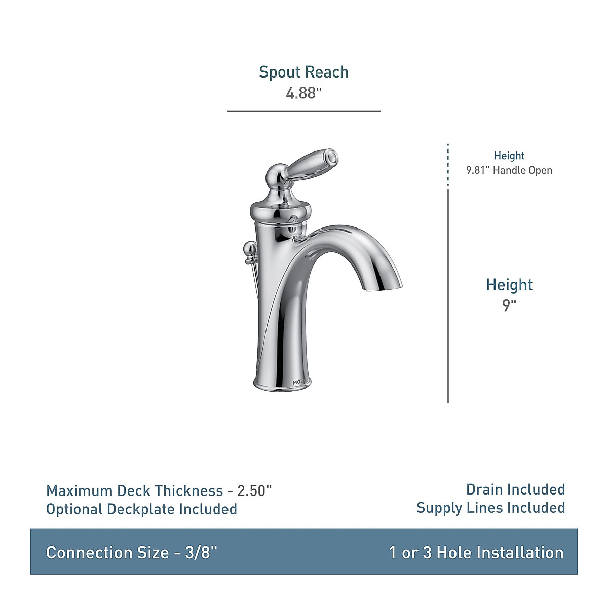 Moen Brantford Chrome One-Handle Traditional Bathroom Sink Faucet with Optional Deckplate and Available Vessel Sink Extension Kit, 6600