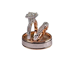 HengSun Promise Rings for Couples Set, 3 pc His and Her Wedding Ring Set, Hypoallergenic Rose Gold Imitation Diamond Ring Set, Cubic Zirconia CZ Bride Promise Rings Set, Size 6-10 (8)