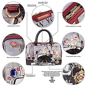 Nicole Lee Success in New York Medium Boston Bag, Embellished NYC City Vegan Leather Doctor Bag with Optional Crossbody Strap