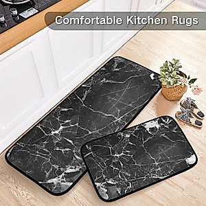 BOENLE Black Textured Marble Kitchen Rugs and Mats Non Skid Washable Kitchen Rug Set 2 Piece Carpet Ergonomic Comfort Standing Mat for Kitchen,Bathroom, Laundry