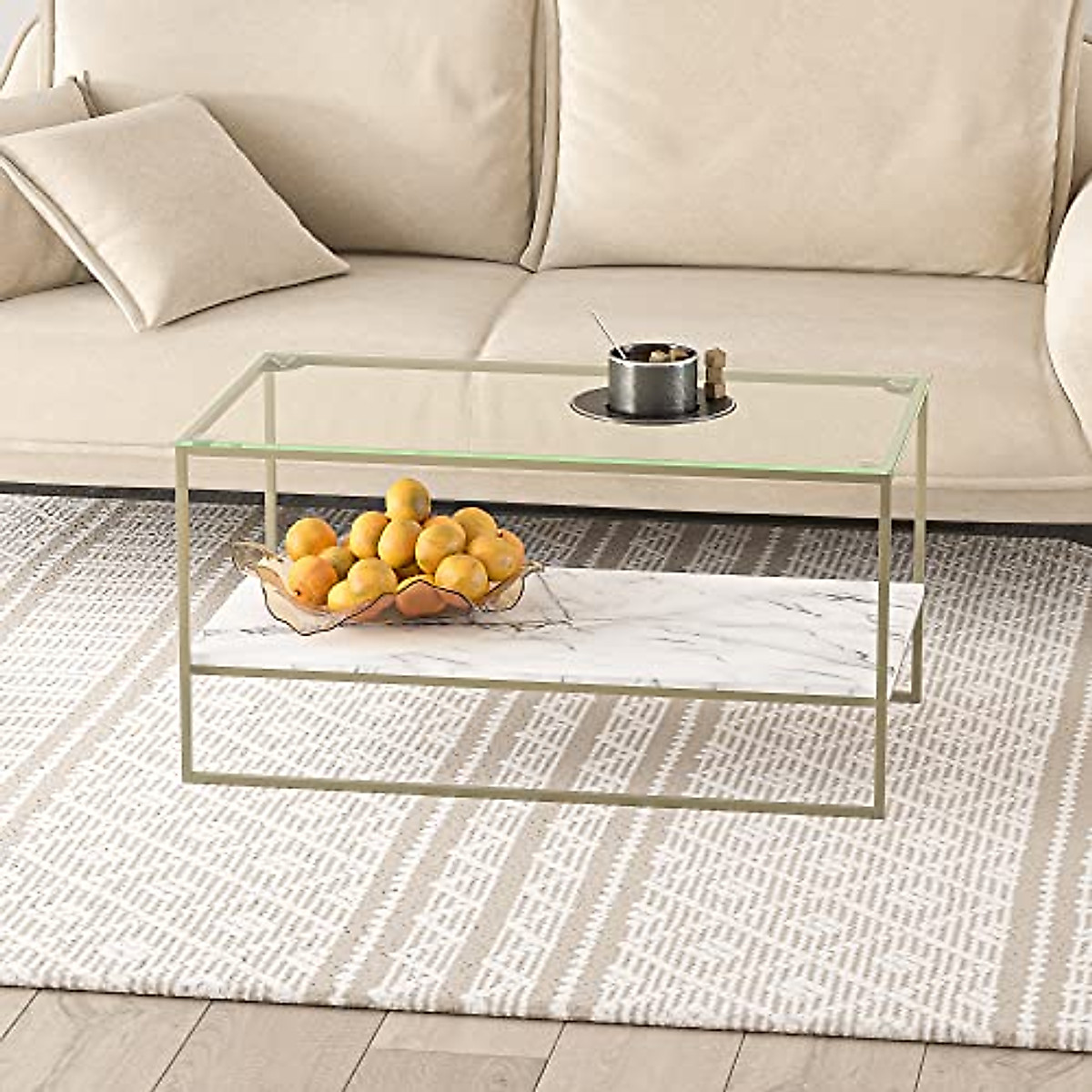 Tilly Lin 35" Elegant 2 Tier Glass Top Coffee Table with White Faux Marble and Gold Metal Legs, Rectangular Cocktail Table with Storage for Living Room
