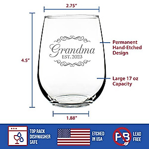 Grandma Est 2023 - New Grandmother Stemless Wine Glass Gift for First Time Grandparents - Decorative 17 Oz Large Glasses