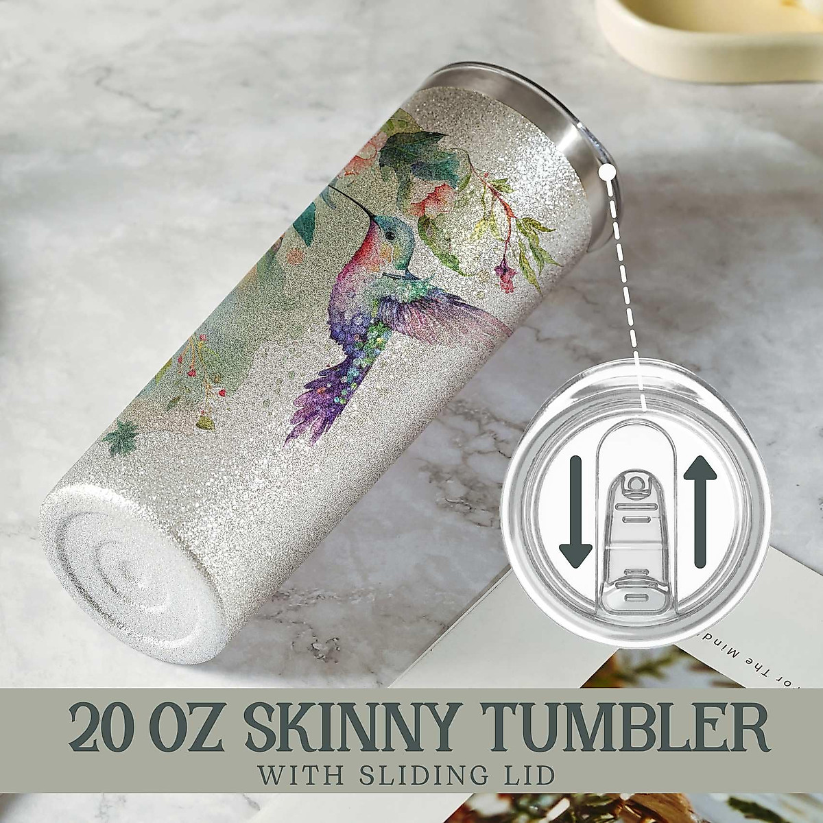 Onebttl Hummingbird Gifts For Women, Her and Hummingbird Lovers - 20oz/590ml Stainless Steel Insulated Glitter Tumbler with Straw - Hummingbird Skinny Tumbler, Coffee Cups - (Sliver)